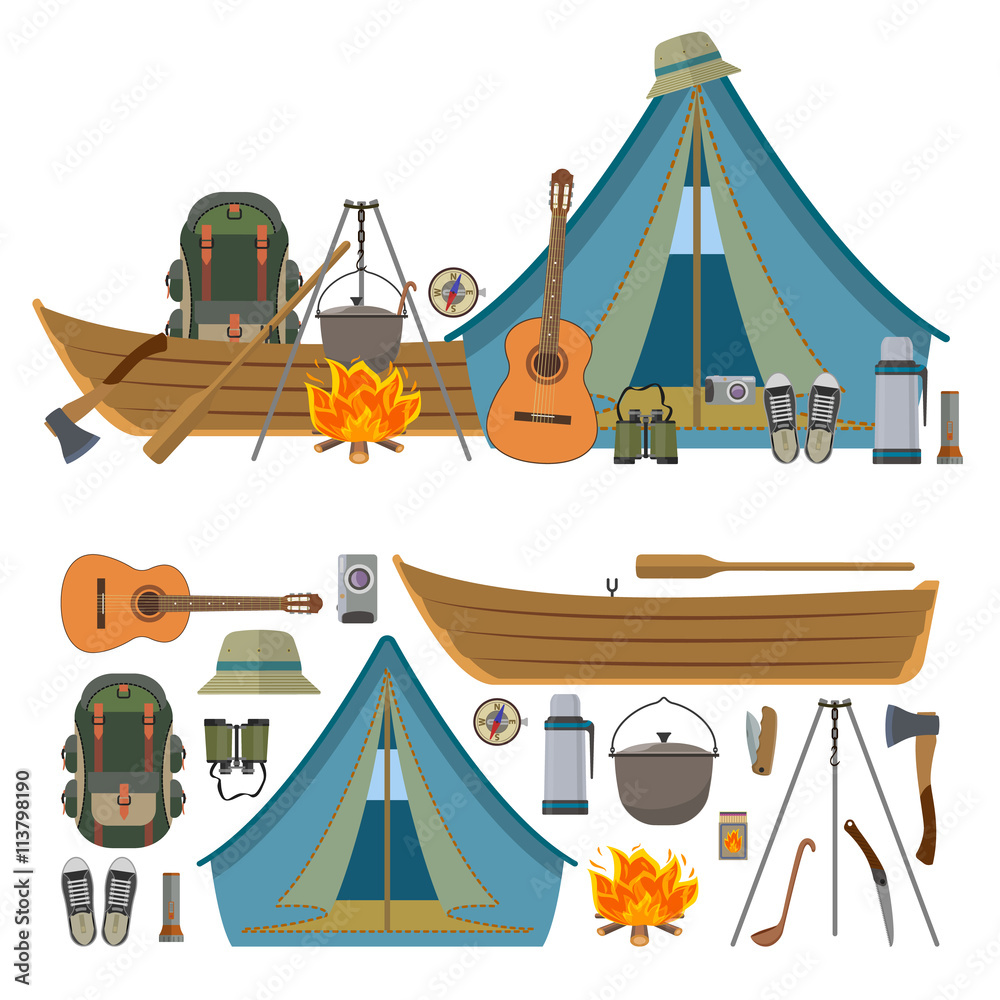 Vector set of camping objects and tools isolated on white background ...