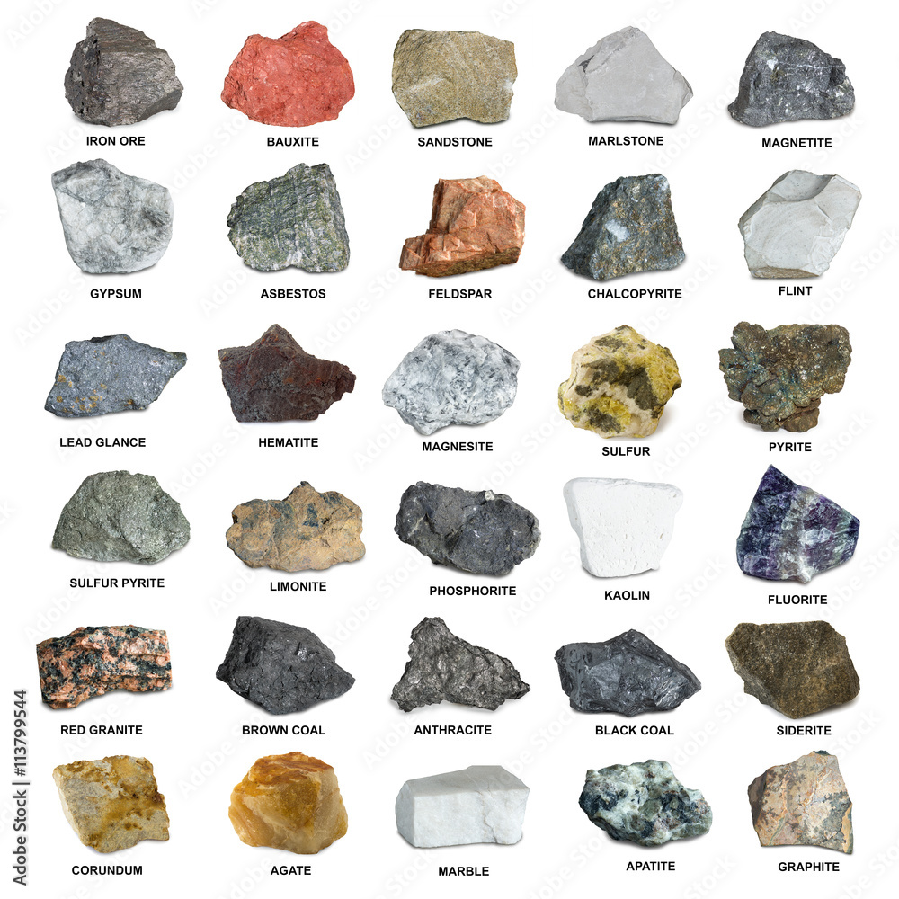 Set Of Isolated Minerals And Stones Iron Ore Sandstone Apatite