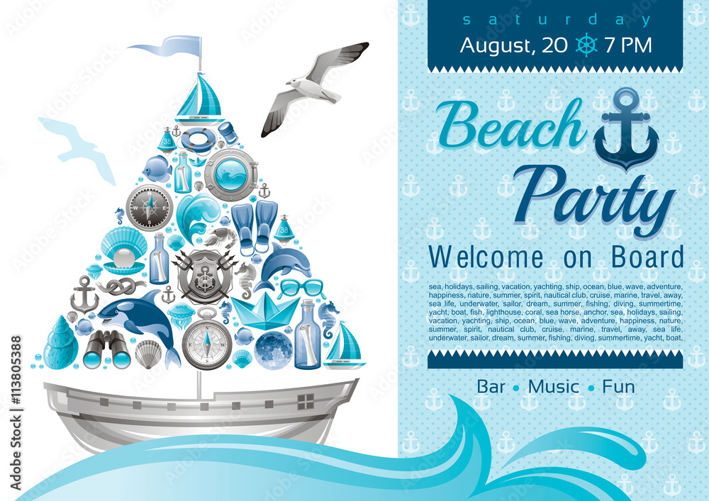 Sea summer travel banner invitation design for beach party with sail ...