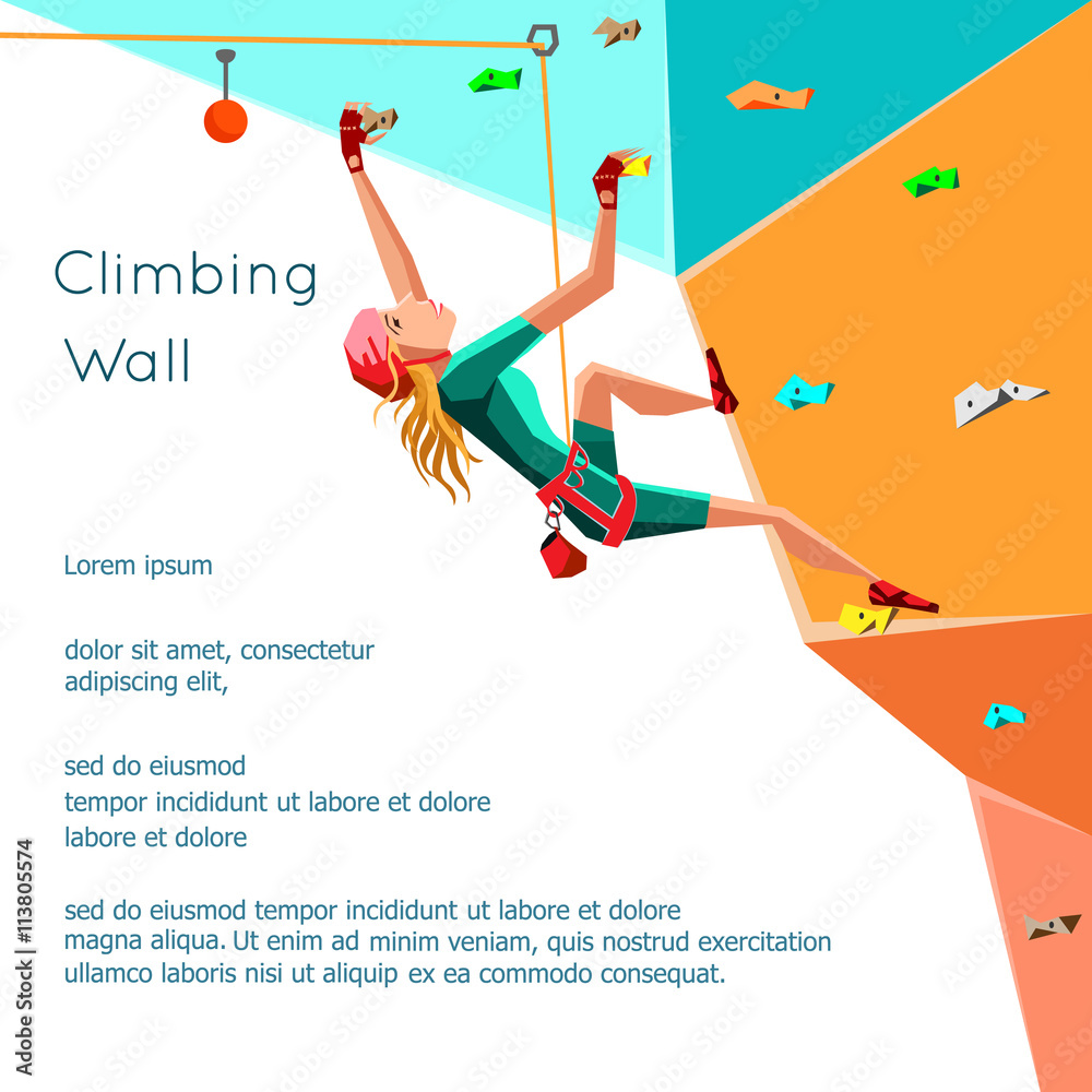 Training climbing wall with grips and holds. Rock Climbing girl ...