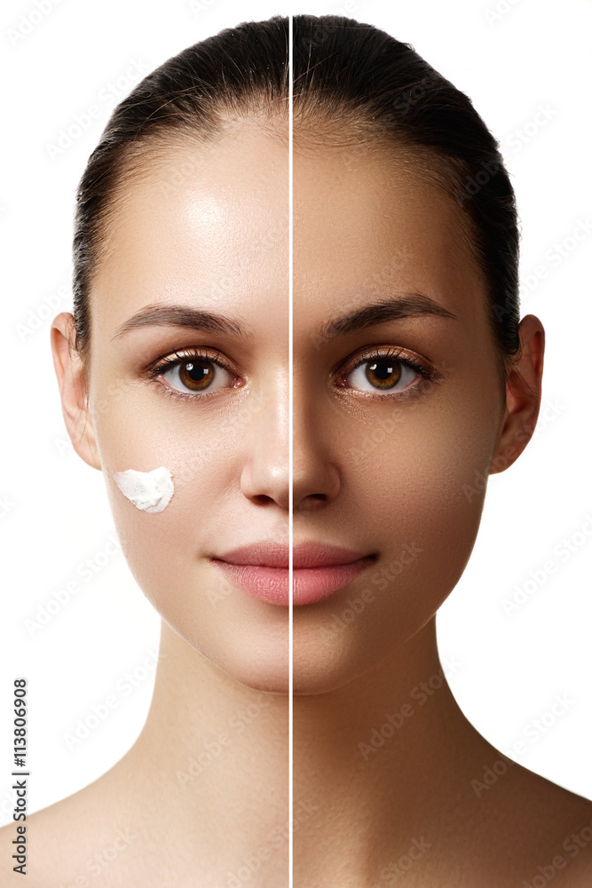 Beautiful young woman with tanned skin before and after tan Stock Photo ...