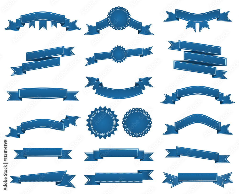 Embroidered blue ribbons and stumps pack isolated on white. Can be used ...