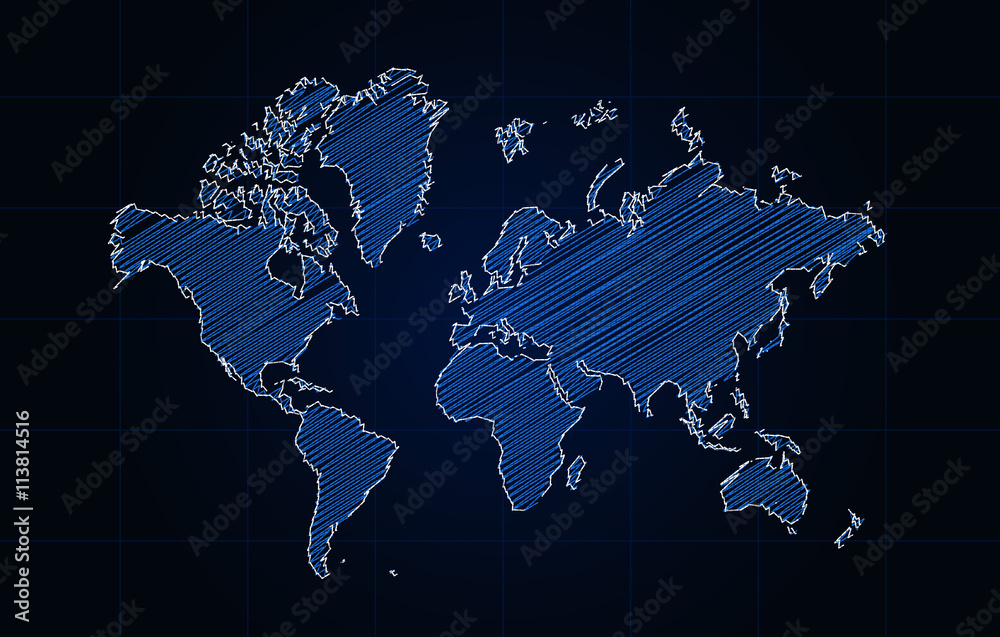 Pencil Sketch Of World Map Over Blue Background Map Traced From http ...