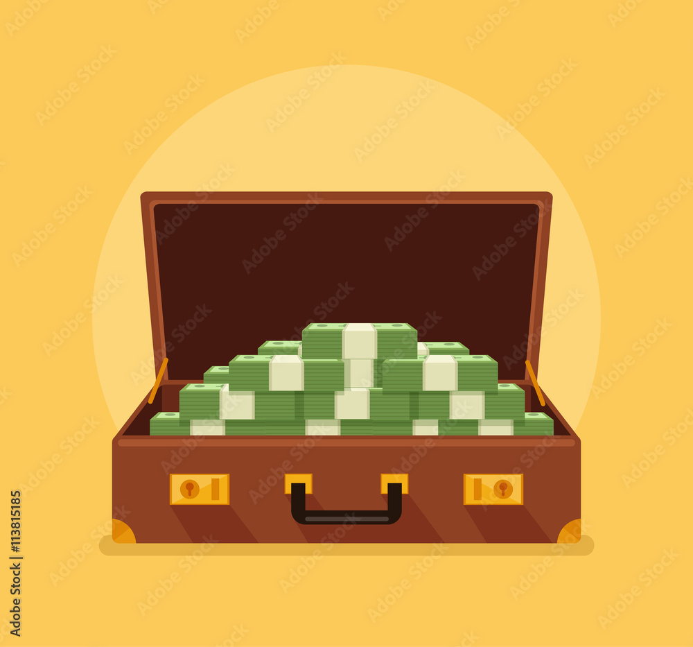 Open suitcase full of money. Vector flat cartoon illustration Stock ...