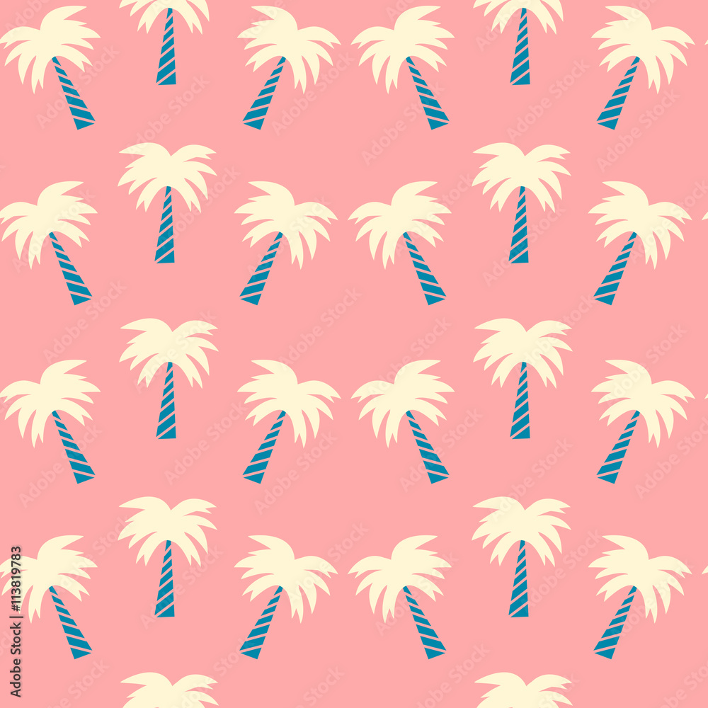 colorful palm tree on pink background seamless vector pattern ...