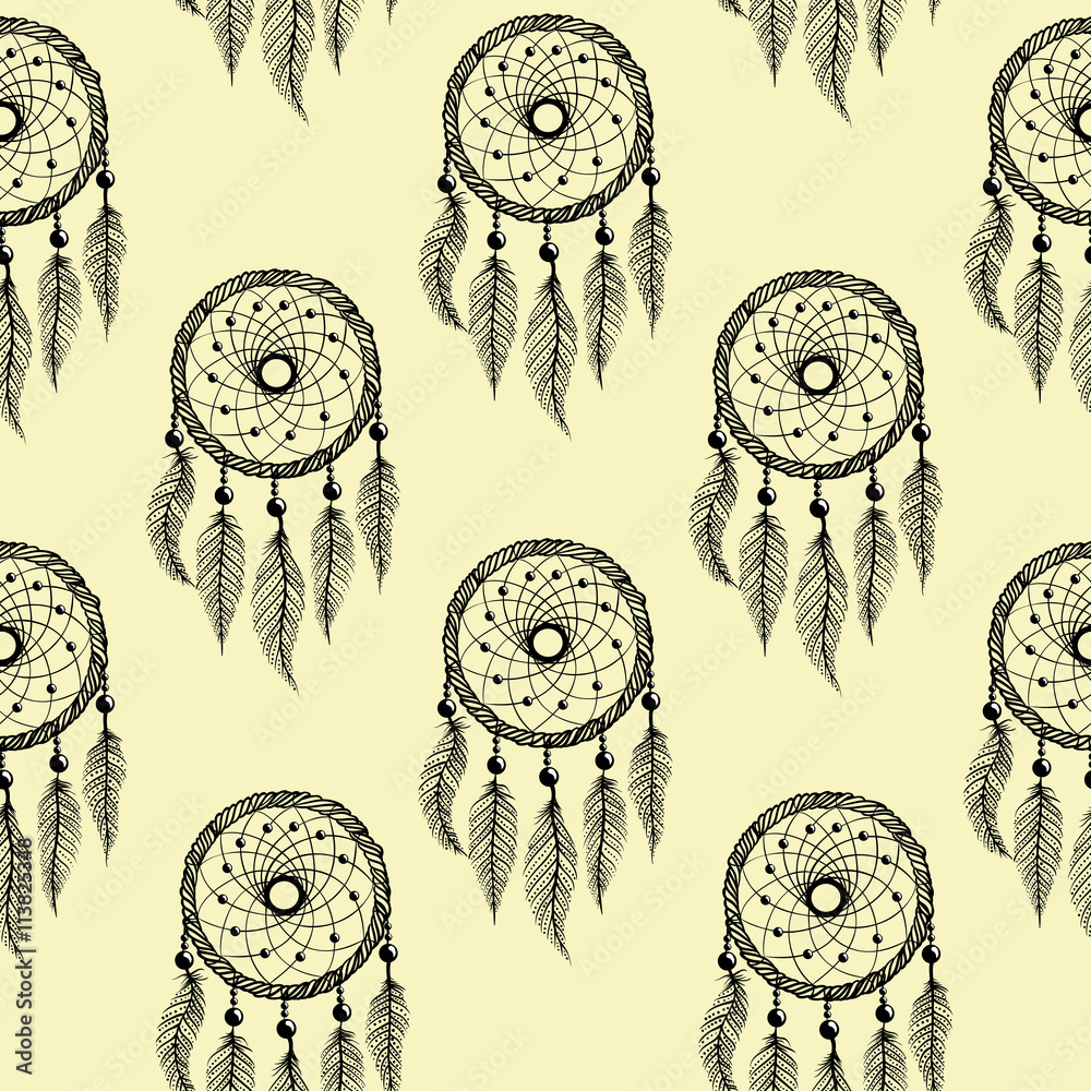Drawing of a seamless pattern with black line art of native american ...
