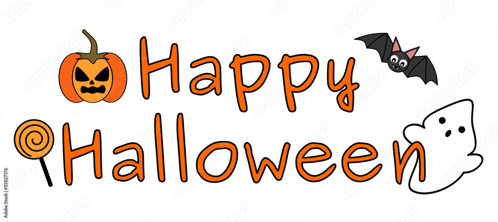 cute happy halloween text banner with ghost, bat, pumpkin and candy ...