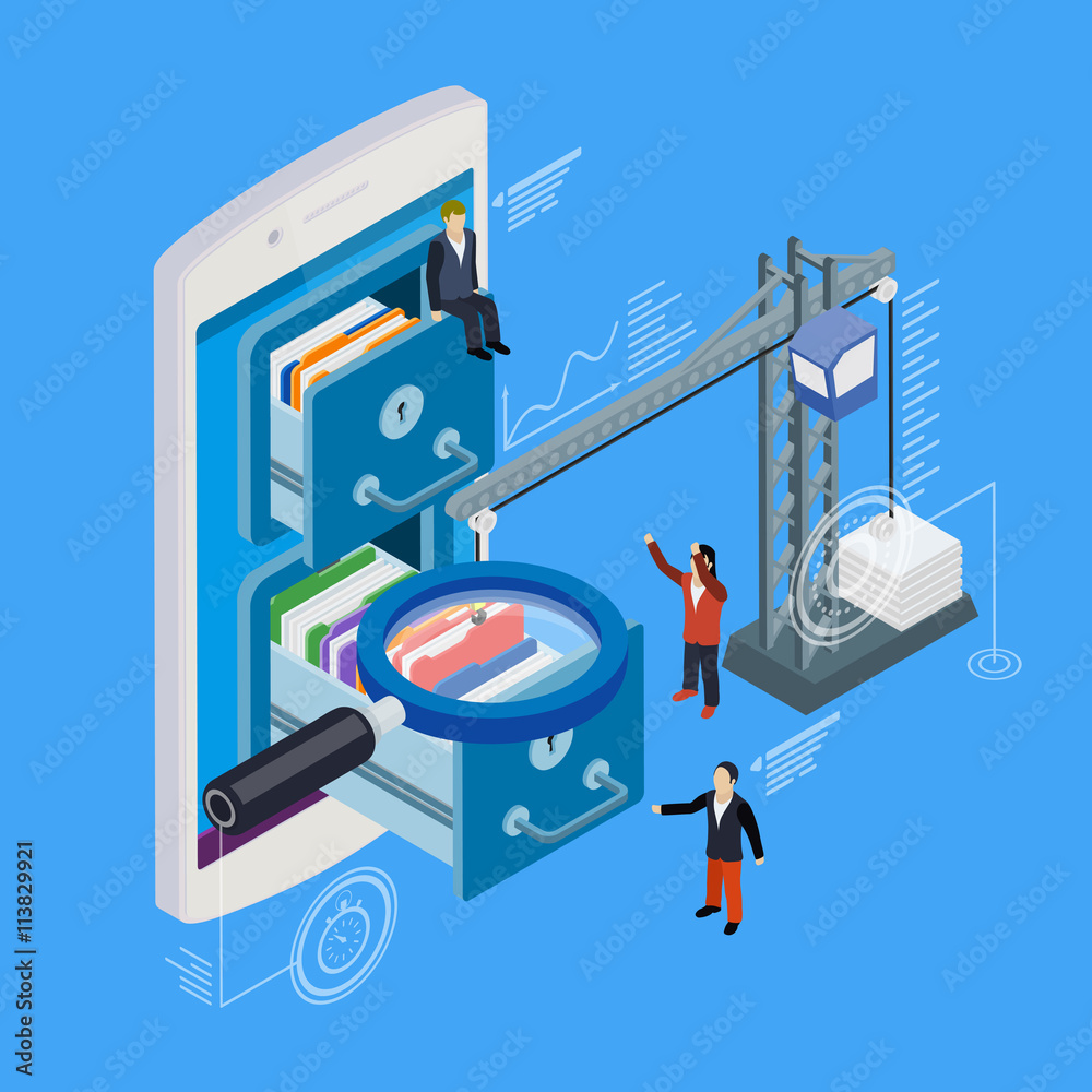 Mobile phone storage flat 3d isometric vector. Businessman put in ...