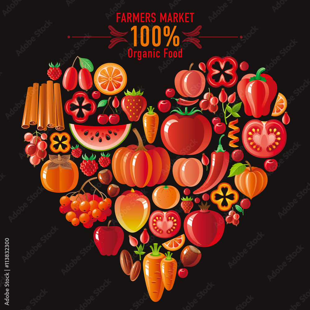 Vegetarian food icon set with organic fruits and vegetables on black ...