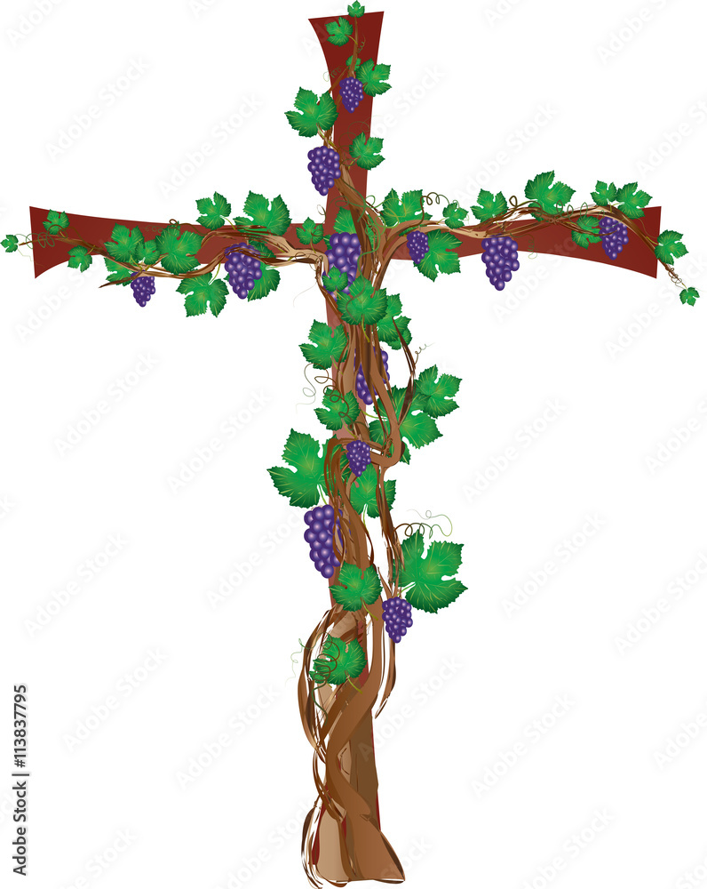 Floral grapevine cross, grape clusters on a vine tree in a shape of a ...