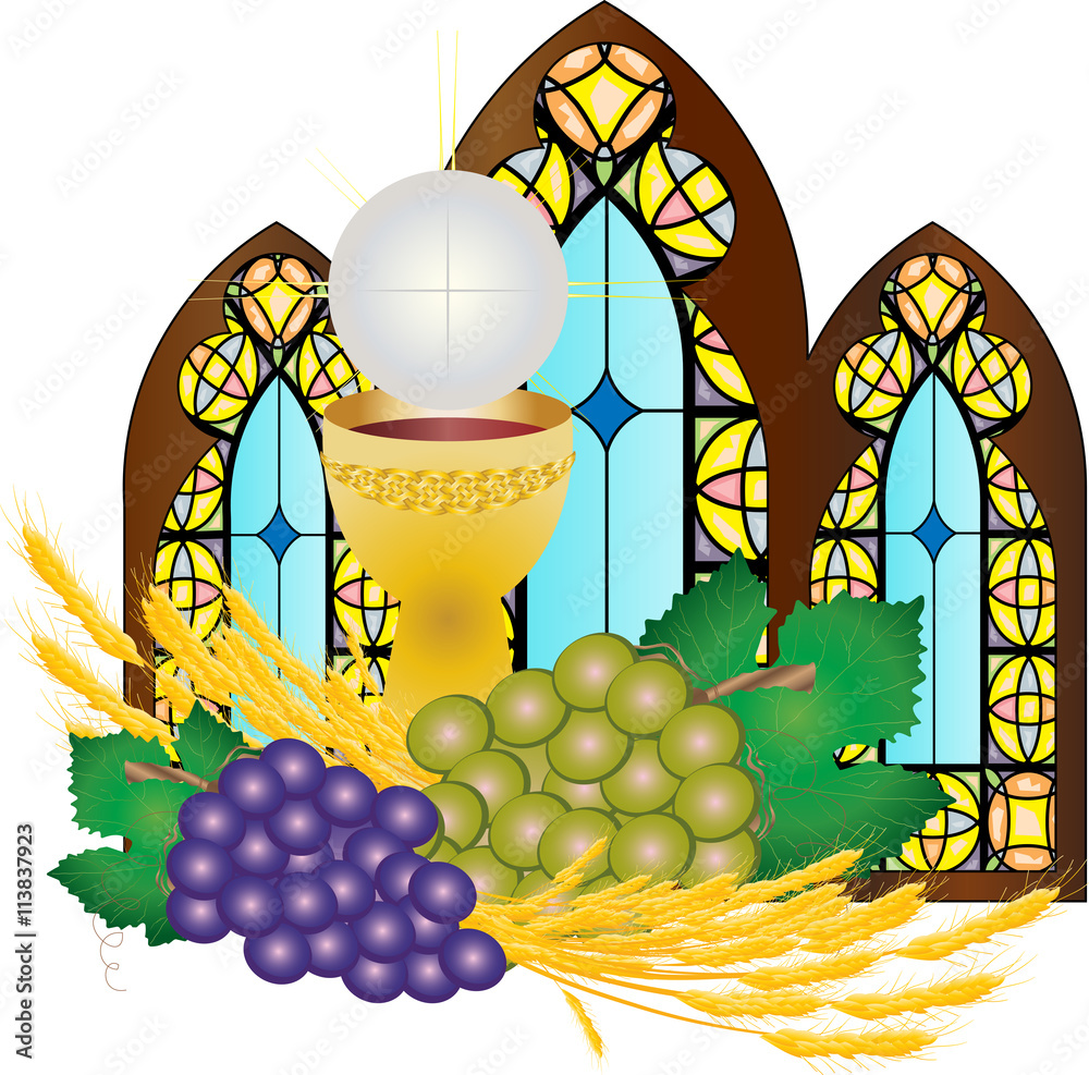 Eucharist symbol of bread and wine, chalice and host, with wheat ears ...