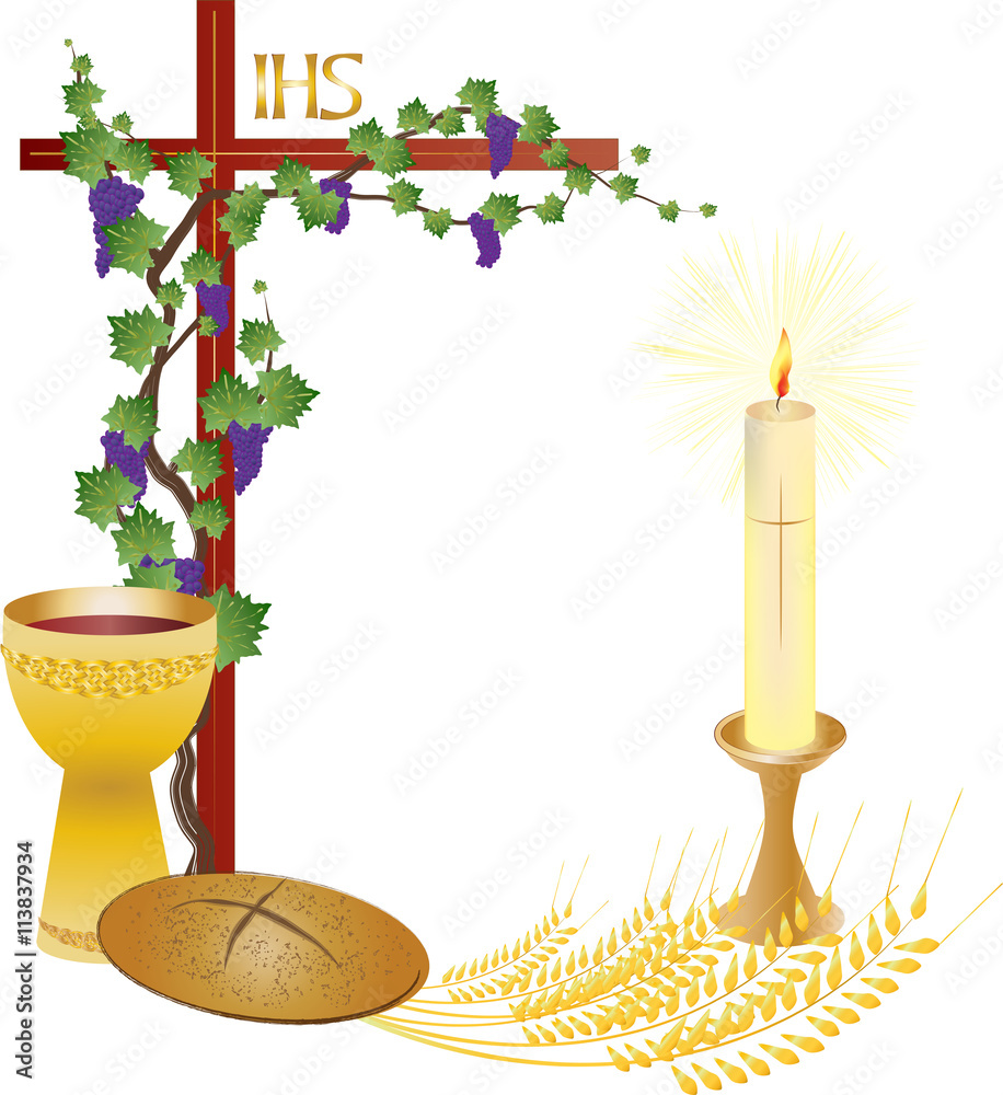 Eucharist symbols of bread and wine, cross, chalice and host with wheat ...