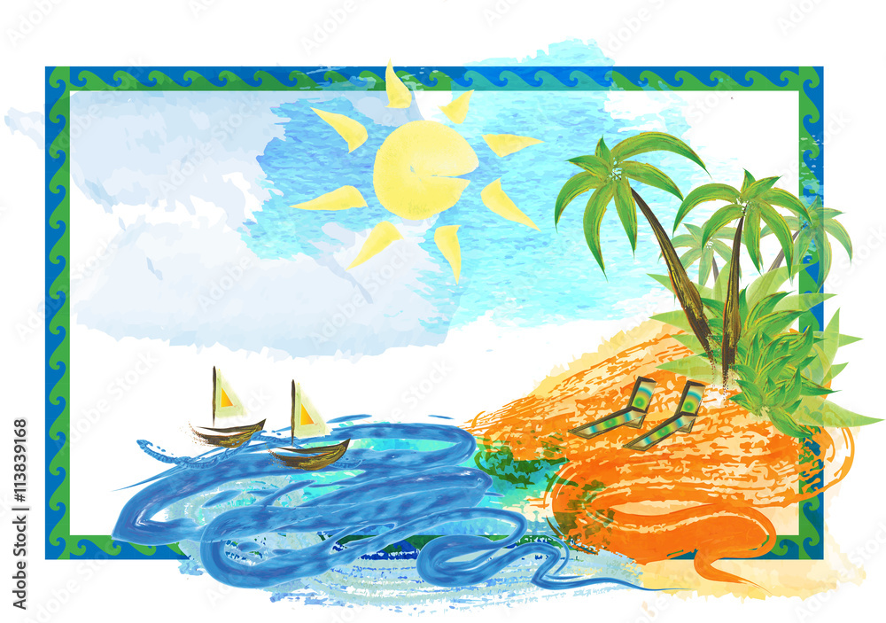 Artistic abstract watercolor style painting of a tropical summer ...