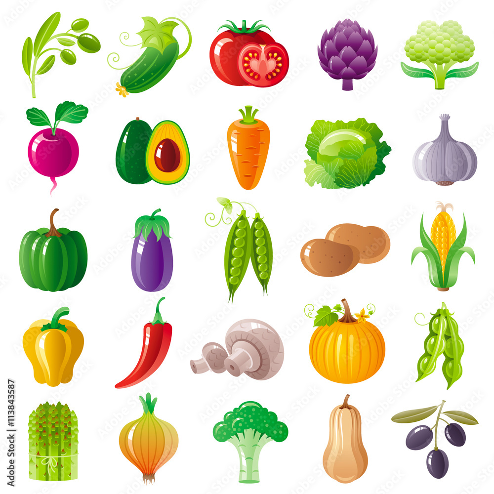 Vegetarian food icon set with organic fruits, vegetables, berries ...