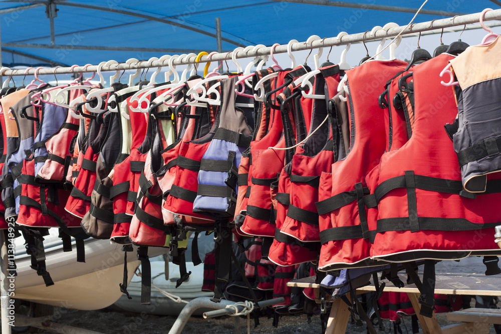 Red life jacket. Old rescue vintage lifevest object for safe sailing ...