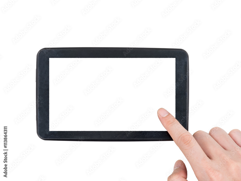Male hand holding a tablet touch computer gadget with touch blank white ...