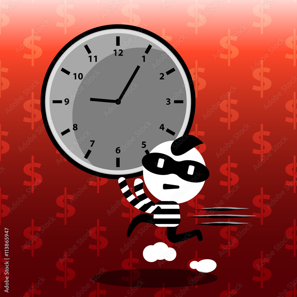 time management on red background cartoon concept stealing time, Stock ...