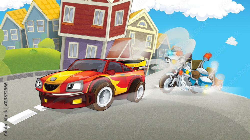Cartoon scene of police pursuit - police motorbike chasing racing car ...