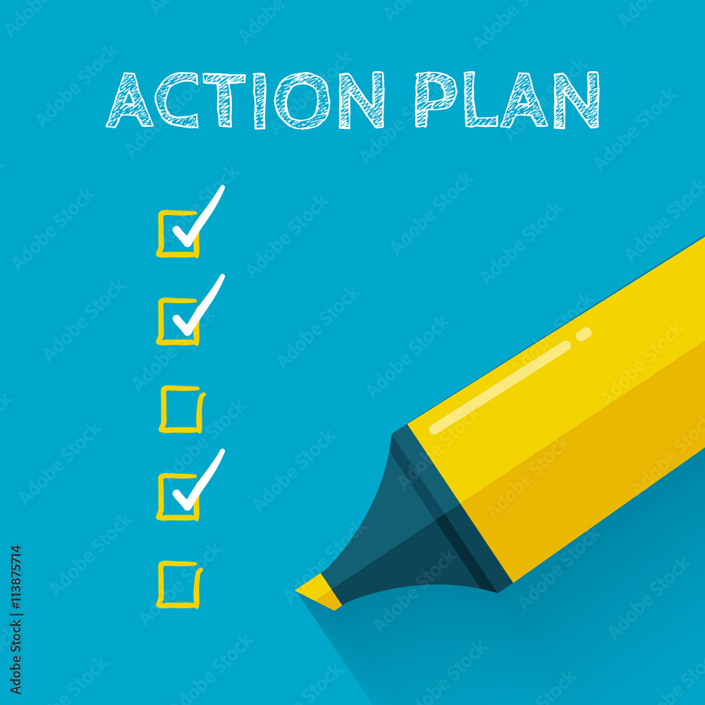 Action plan concept design with yellow pencil or marker. Flat style ...