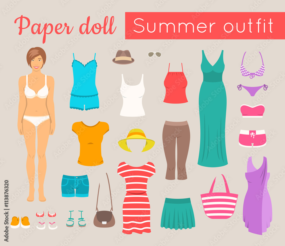 Paper doll game for girl. Vector flat style illustration. Cut out a ...