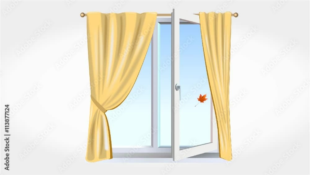 Autumn animation of falling leafs behind window with moving drapes ...