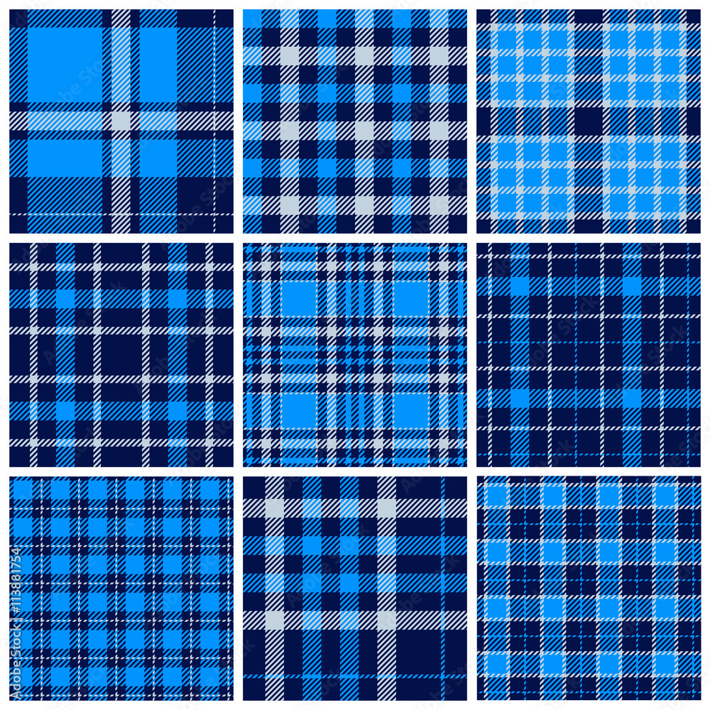 Set of plaid seamless patterns. Blue colors. Vector illustration Stock ...