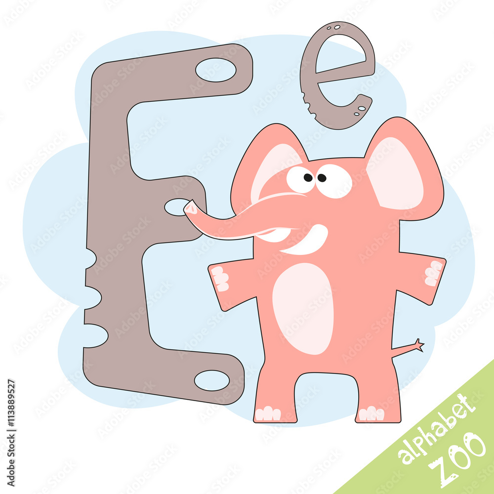 Hand drawn letter E and funny cute elephant. Children's alphabet in ...