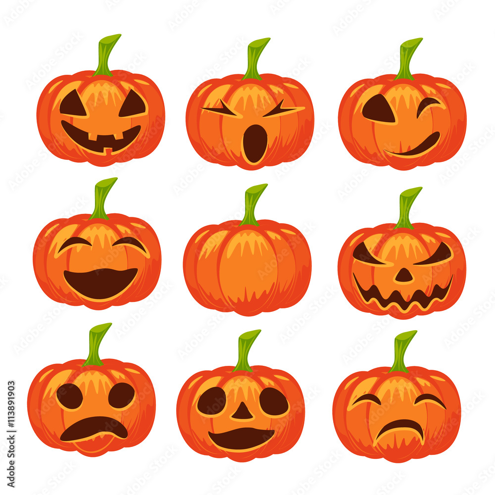 Vector set of isolated pumpkin icons. Halloween design, emotion ...