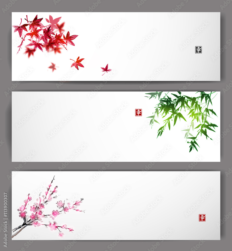 Three banners with maple, bamboo and oriental cherry sakura in blossom ...