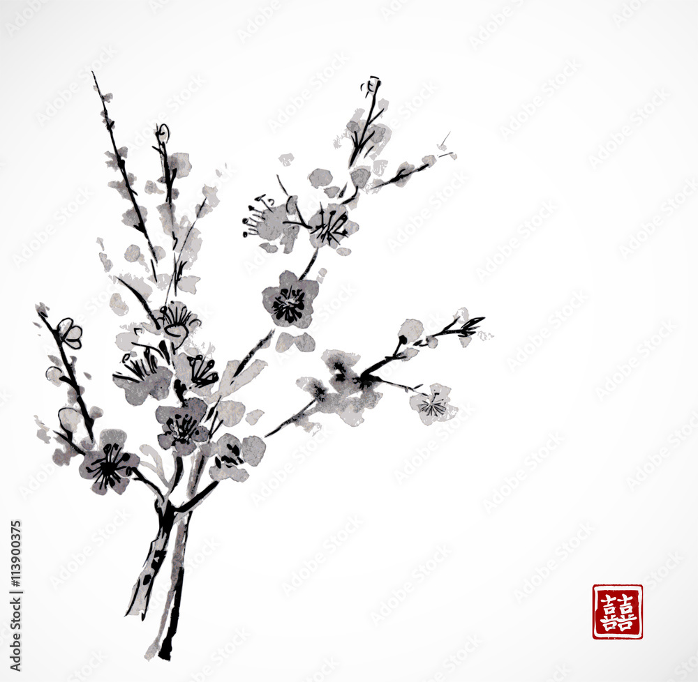 Japanese Ink Painting Cherry Blossom