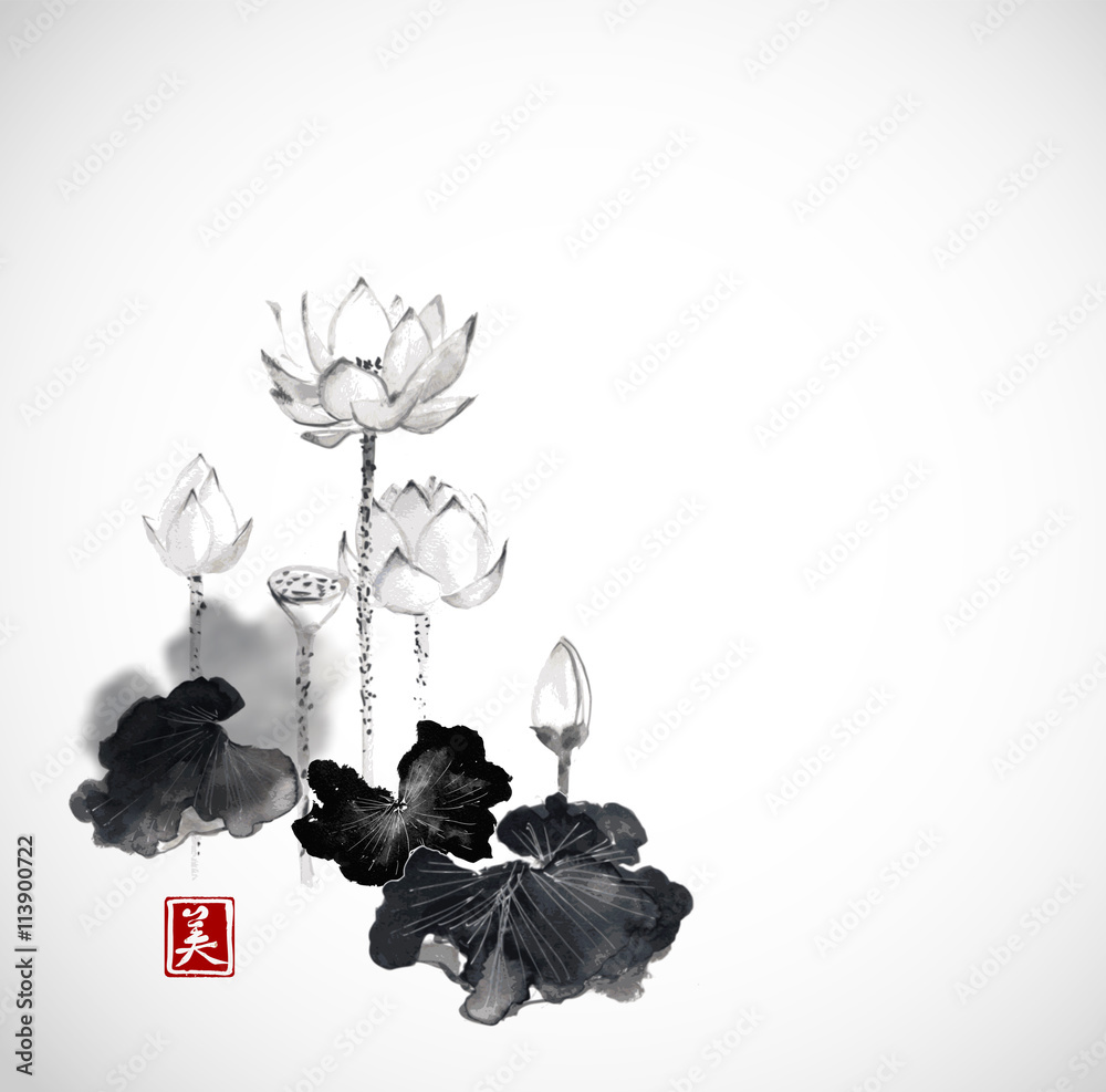 Lotus flowers hand drawn with ink on white background. Traditional ...