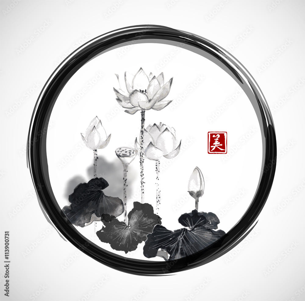 Lotus flowers in black enso zen circle on white backgroiund ...