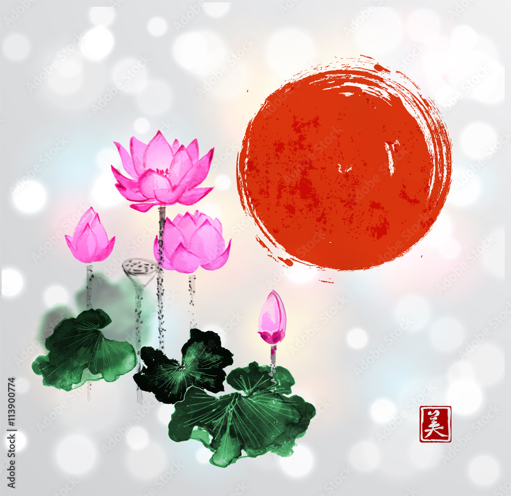 Pink lotus flowers and red sun hand drawn with ink on white glowing ...