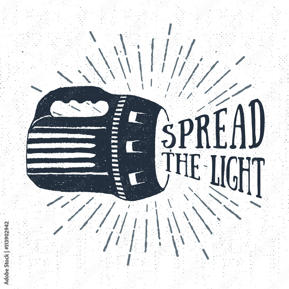 Hand drawn label with textured flashlight vector illustration and ...