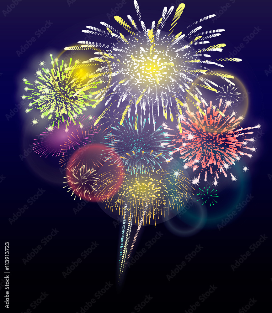 Festive colorful firework bursting in various shapes sparkling ...