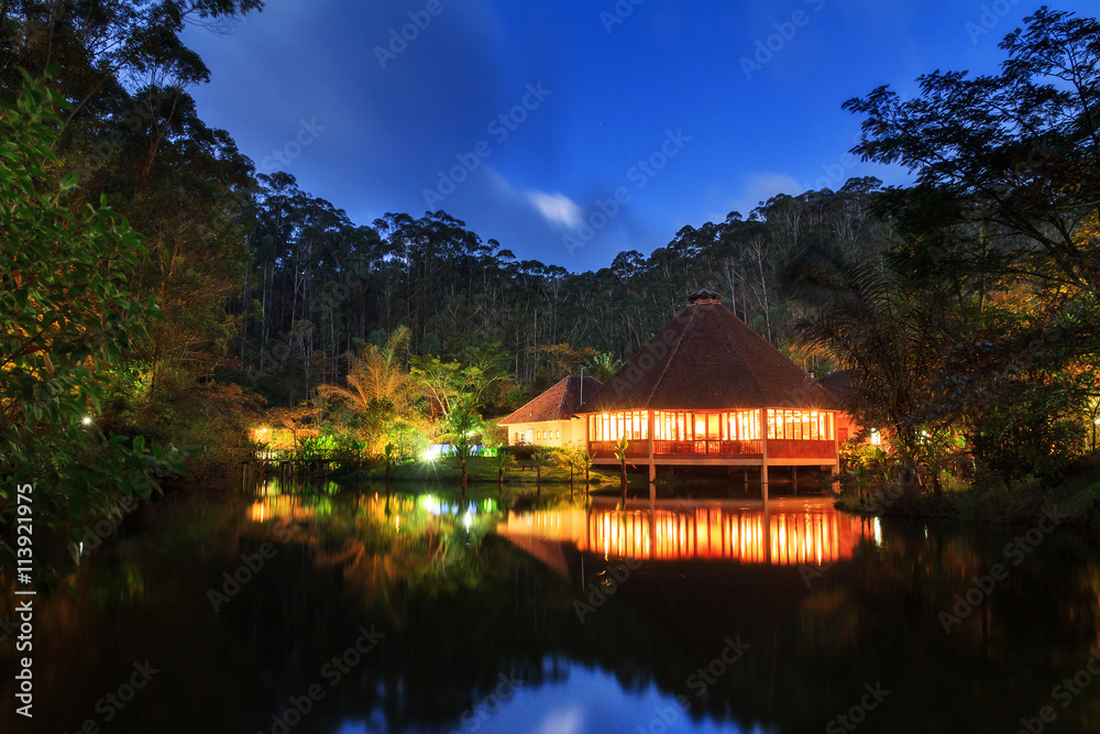 Beautiful jungle lodge at night in the Andasibe Mantadia National Park ...