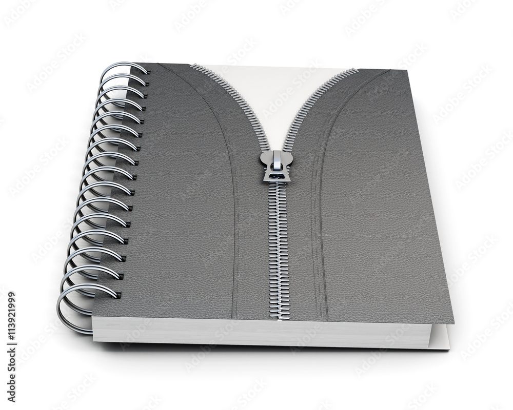 Notebook with hard cover and zip isolated on white background. 3d ...