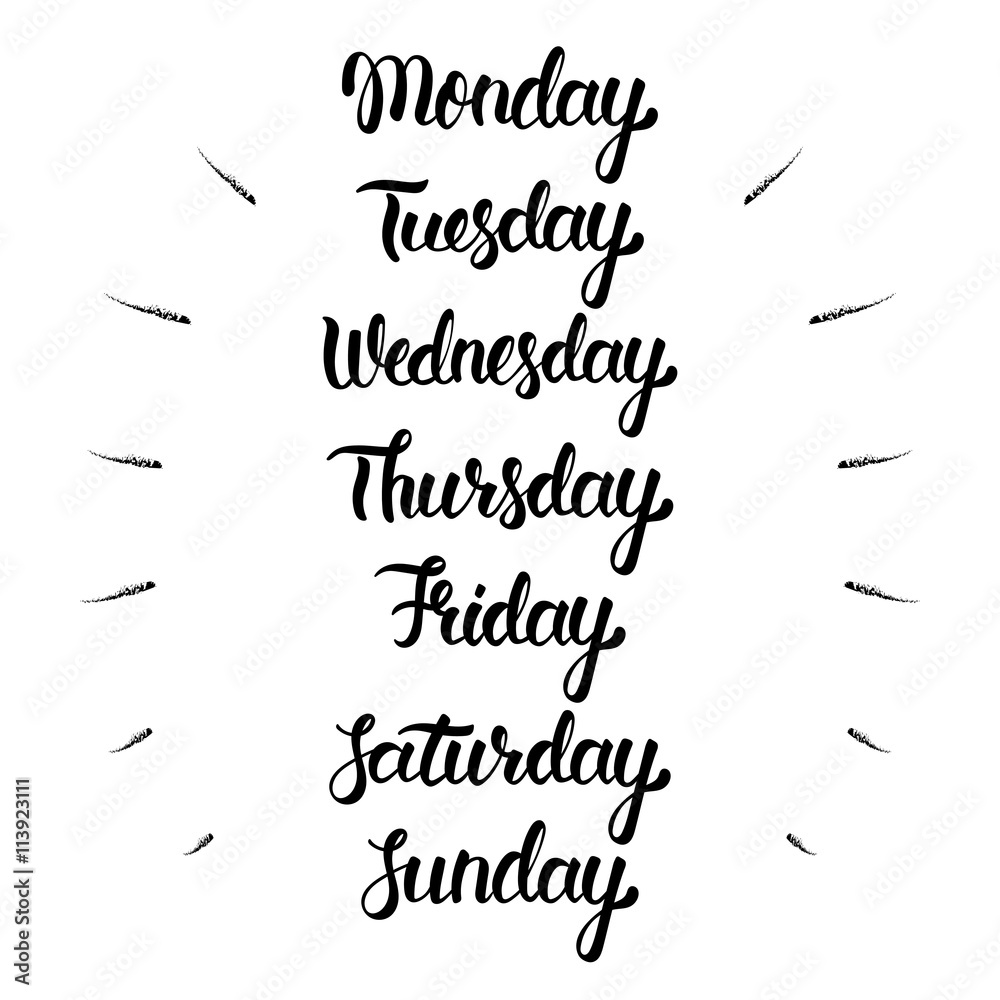 Handwritten days of the week. Calligraphic isolated set in black ink ...