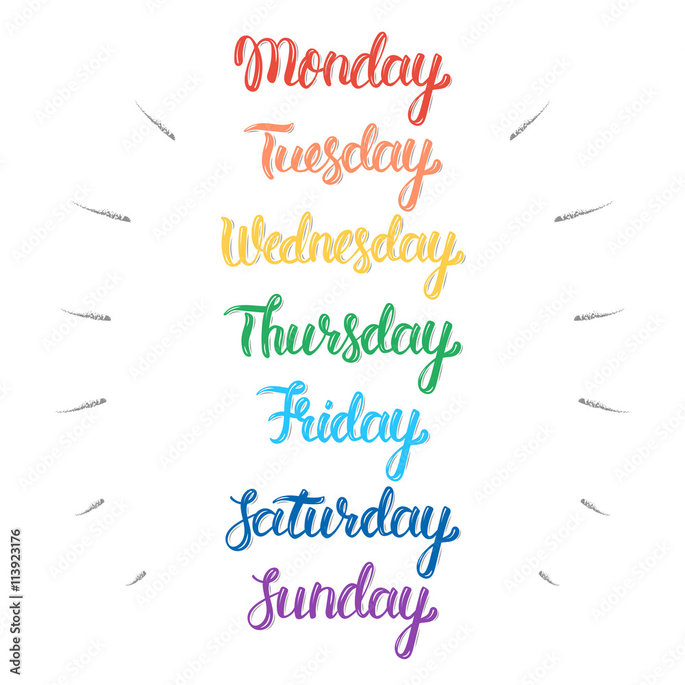 Handwritten days of the week. Calligraphic isolated set in colorful ink ...