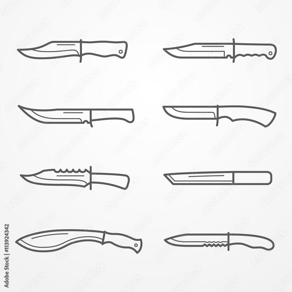 Collection of army knives icons. Typical combat knife in line style ...