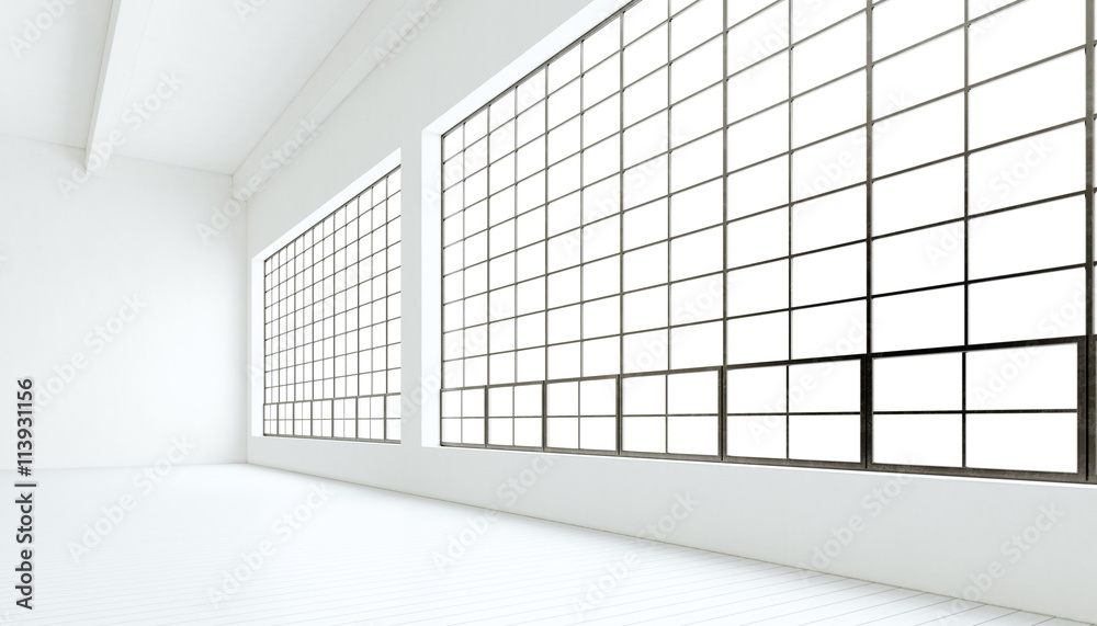 Empty modern industrial expo room huge panoramic windows,painted white ...