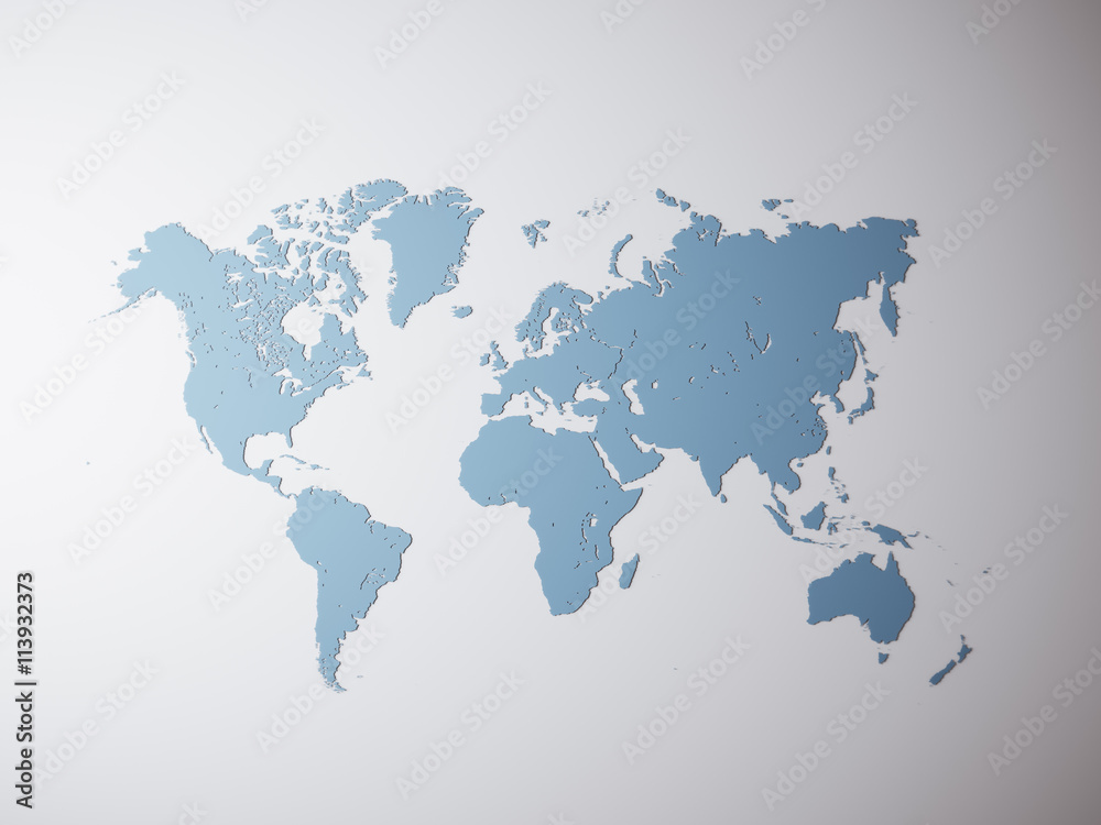 Blank Blue Texture Political World Map. 3D rendering. Empty Concrete ...
