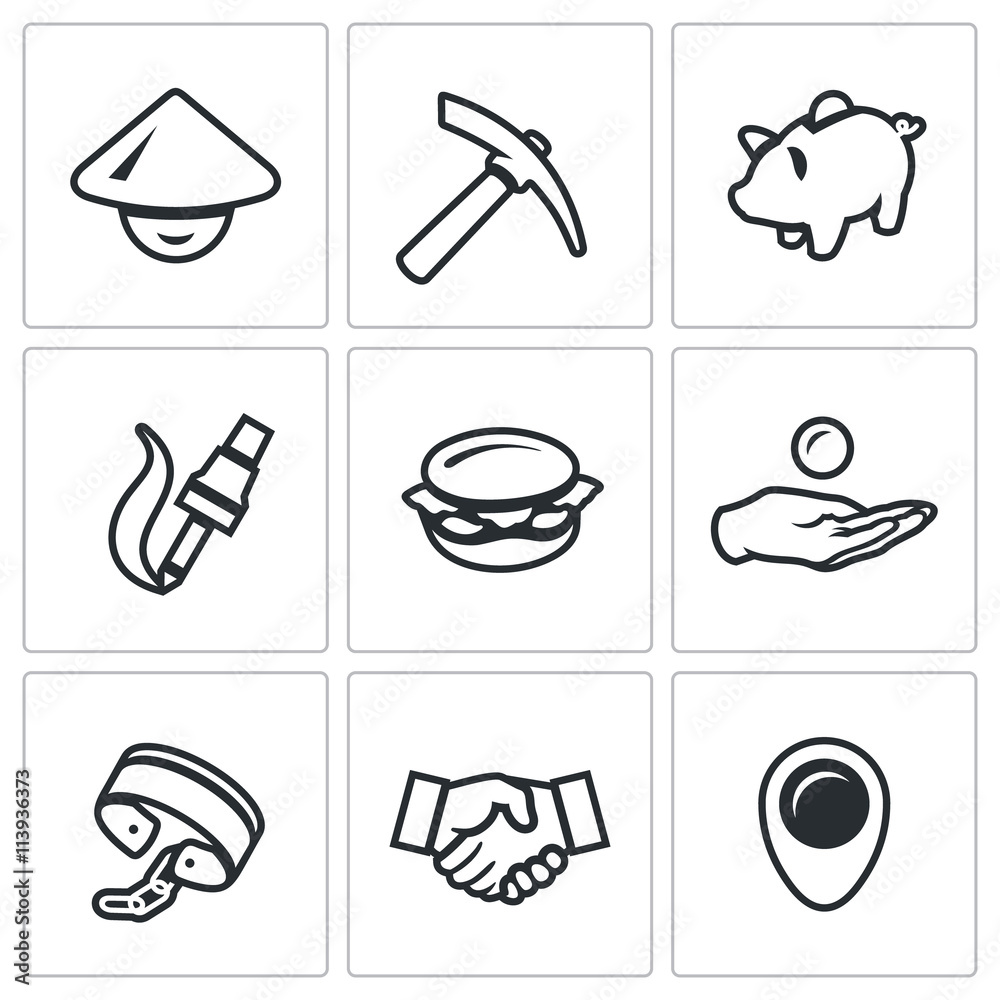 Vector Set of Cheap Labor Icons. Worker, Tool, Economy, Production ...