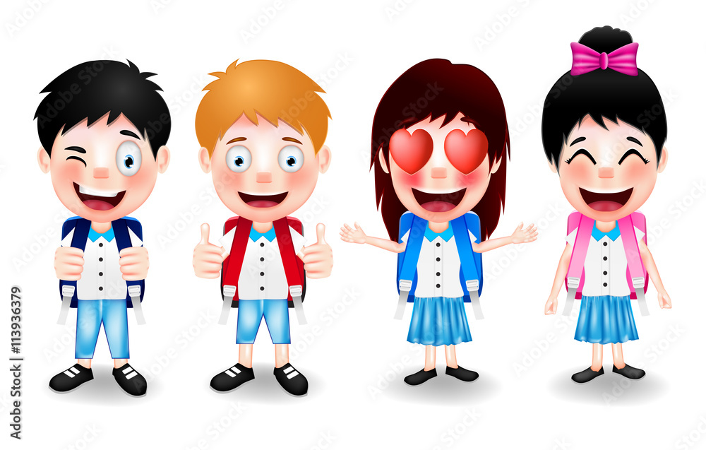 Four Cute Student Characters Wearing School Bag with Different Facial ...
