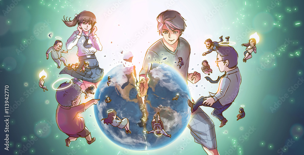 A cartoon illustration of a great powerful Asian man or super hero god ...
