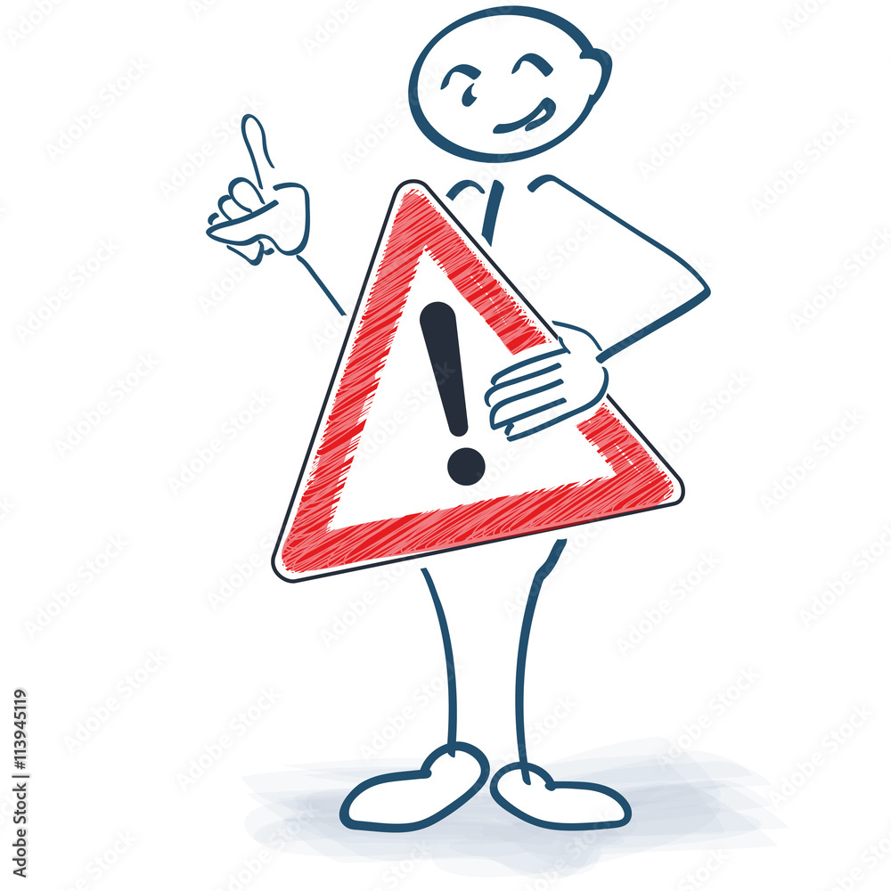 Strichmännchen mit einem Hinweisschild und Rufzeichen vor dem Körper ...