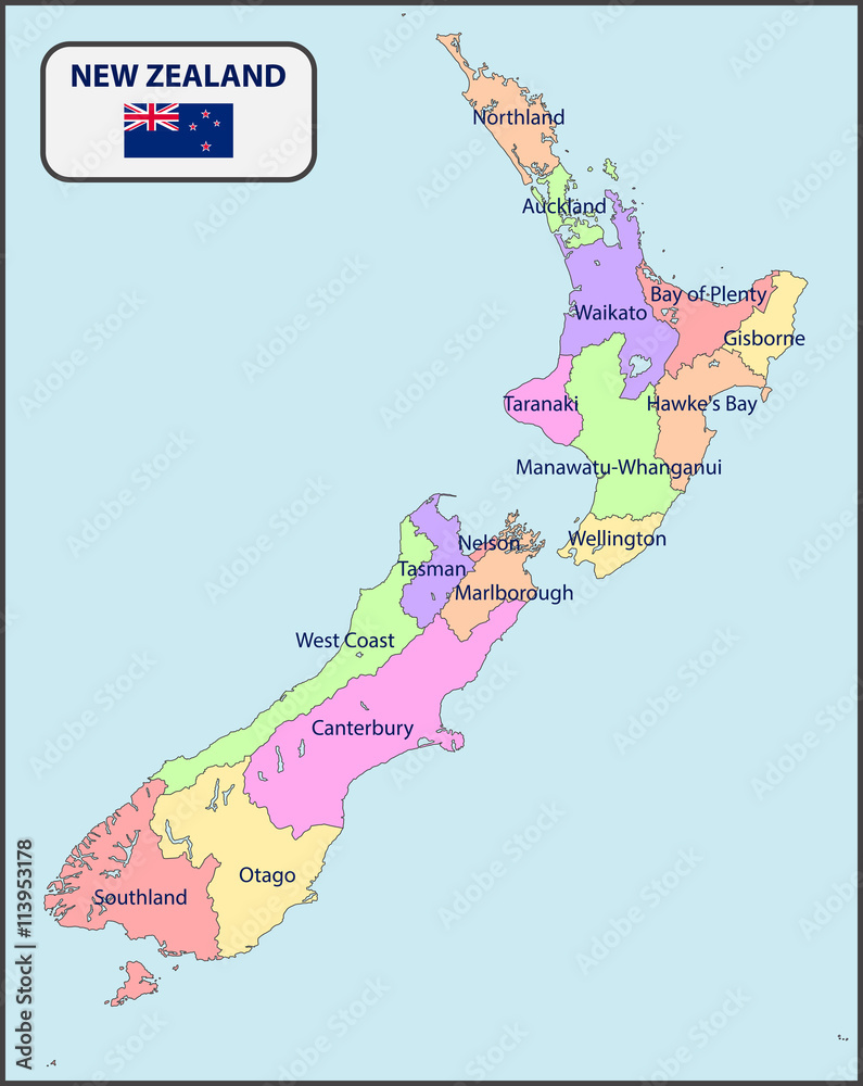 Political Map of New Zealand with Names Stock Vector | Adobe Stock
