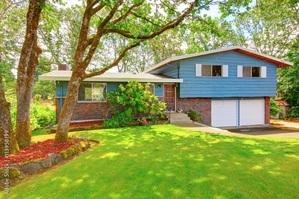 Blue brick American rambler exterior with nice front garden. Stock ...