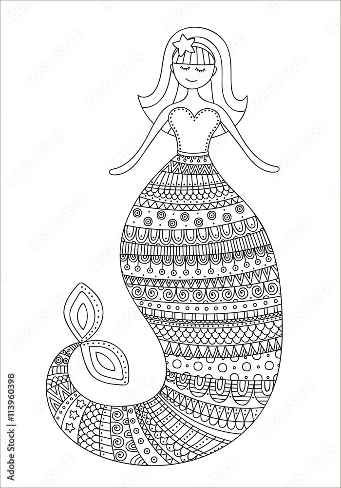Cute doodle mermaid. Vector hand drawn mermaid with doodle ornament ...
