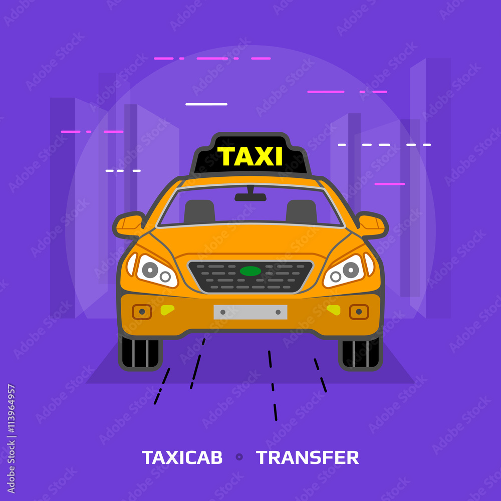 Flat illustration of taxi car against violet background. Flat design of ...